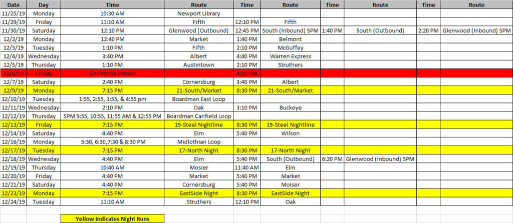 2019 Holiday Bus Schedule - Western Reserve Transit Authority: WRTA